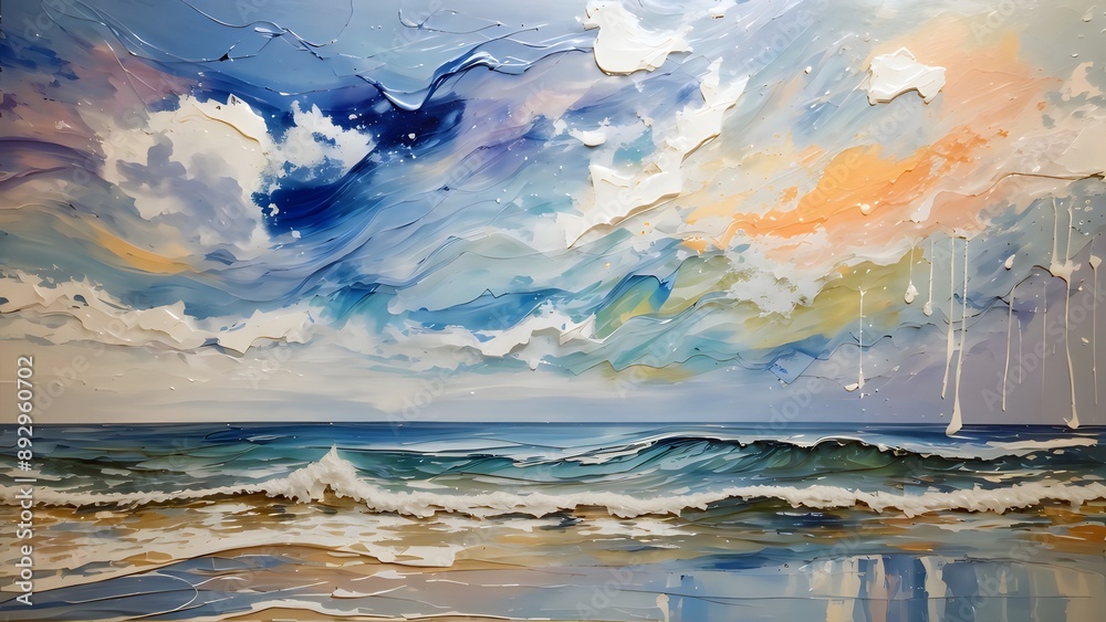 Expressive textured oil painting sketch abstract seascape with sea ...