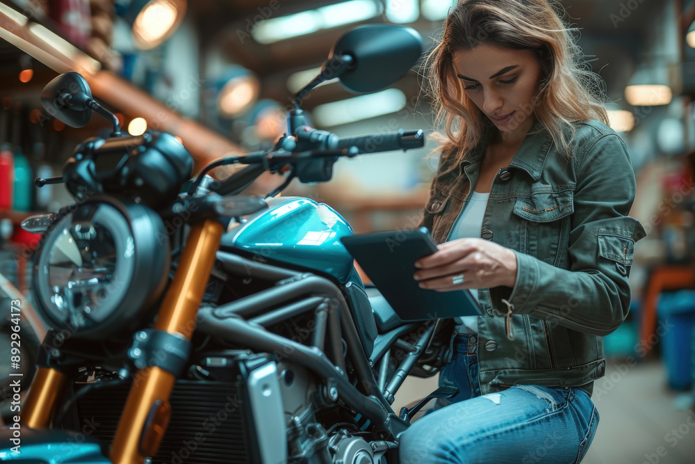 A modern scene of a woman reading on a motorbike in a garage ...