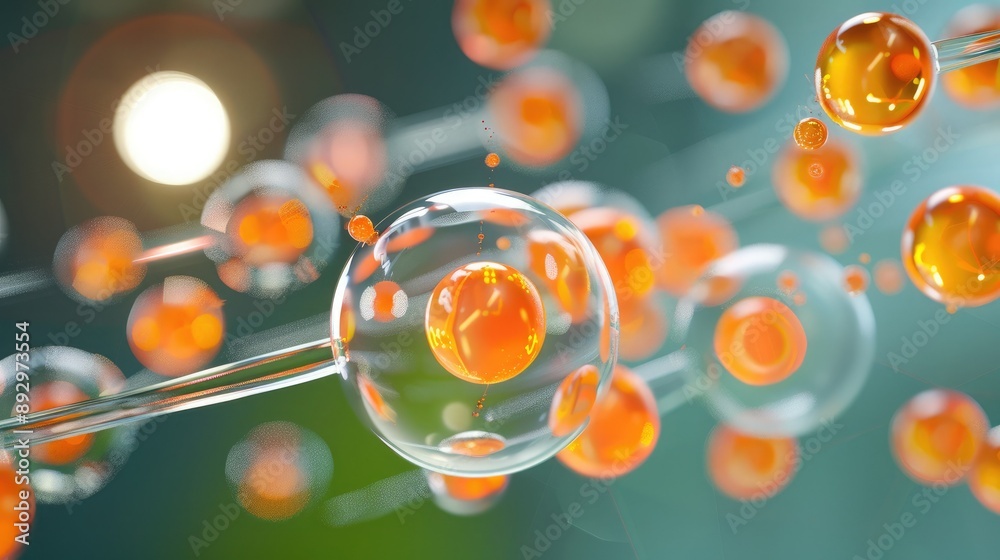 Abstract scientific illustration of orange molecules in transparent ...