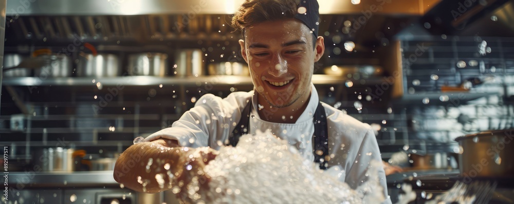 Foto de Professional Chef Rinsing Ingredients in a Commercial Kitchen ...