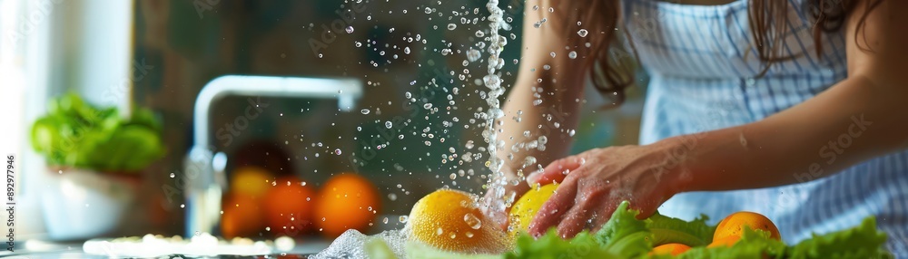 Woman Washing Fresh Produce in Kitchen Sink, Ensuring Food Safety and ...