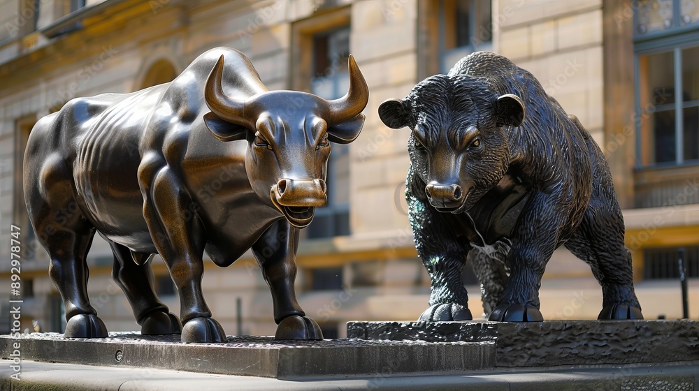 Bull and bear statues face each other in front of iconic architectural ...