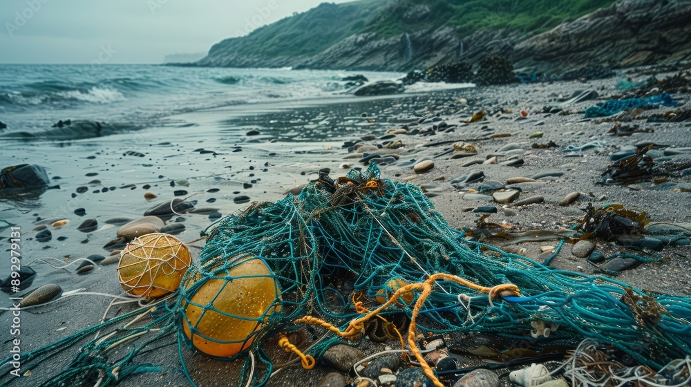 Discarded fishing net has washed ashore and is lying on the shore. This ...