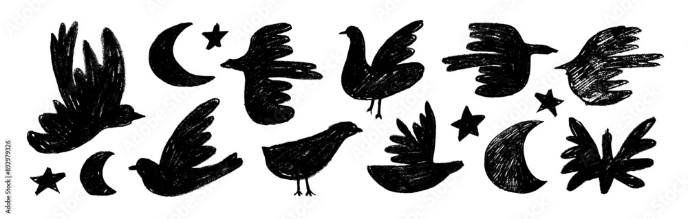 Abstract crayon drawn birds and doves collection. Hand drawn vector ...