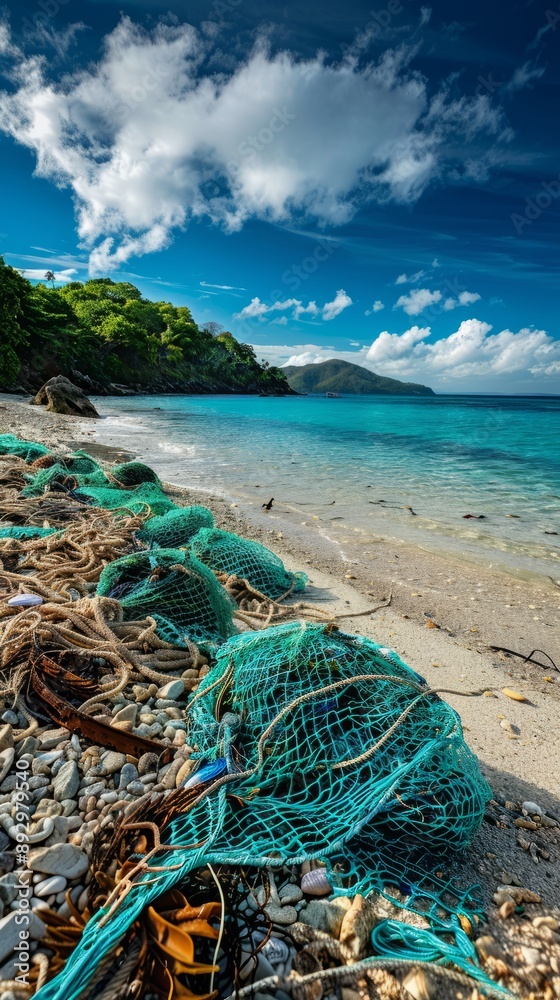 Discarded fishing net has washed ashore and is lying on the shore. This ...