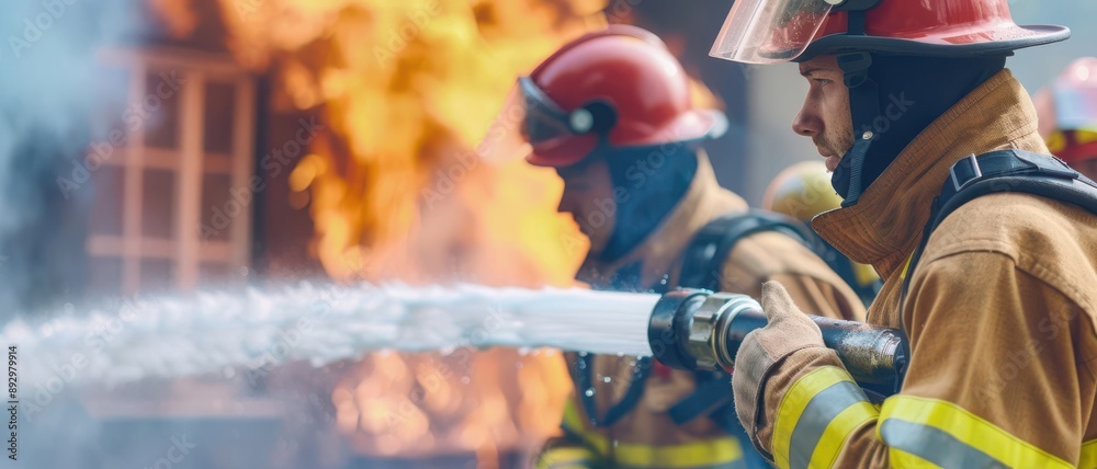 Firefighter training exercise, with a group practicing hose techniques ...
