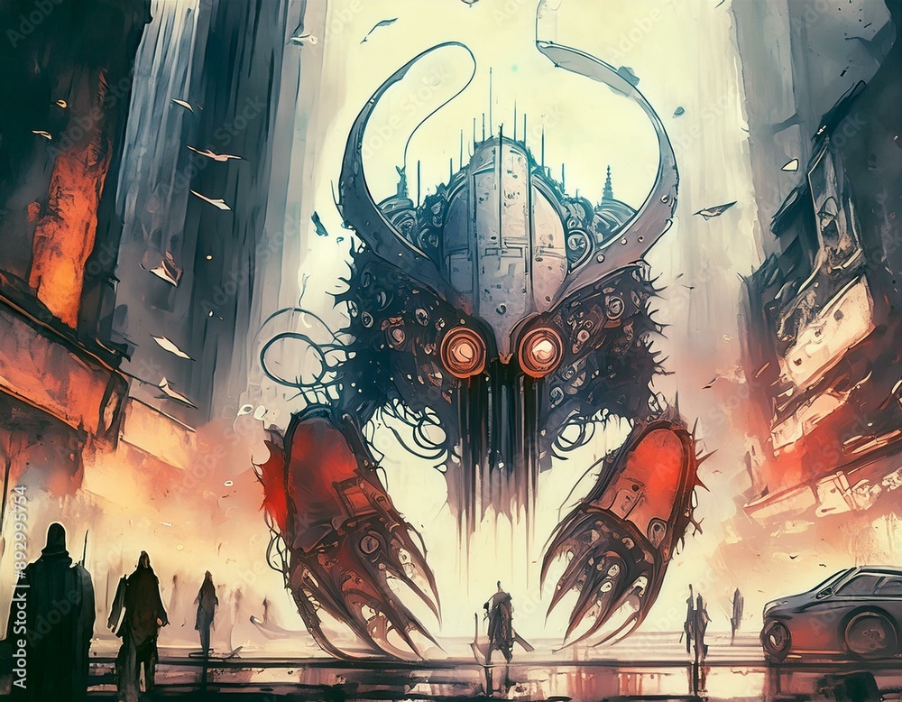 Neon lights surround the creatures, and the street is wet from rain ...