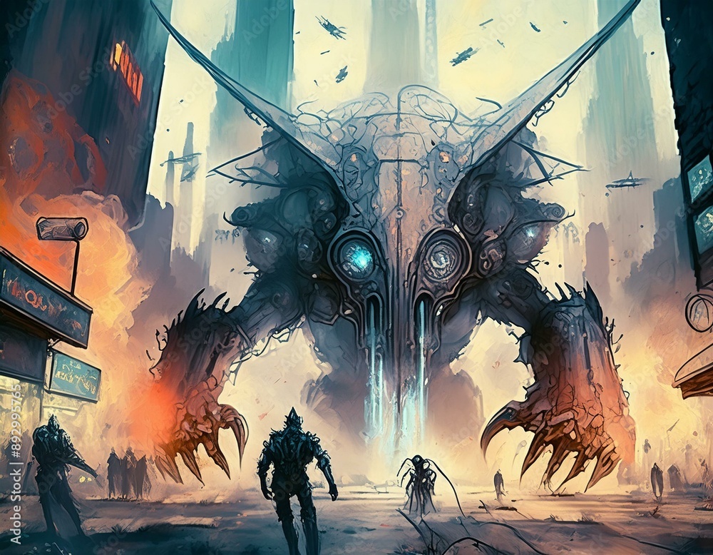 Neon lights surround the creatures, and the street is wet from rain ...