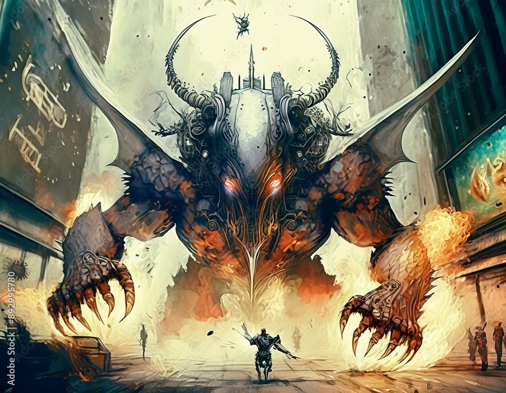 Neon lights surround the creatures, and the street is wet from rain ...