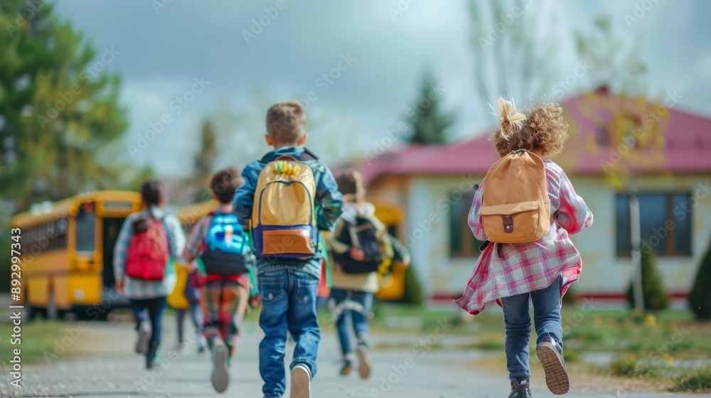 Little kids schoolchildren pupils students running hurrying to the ...