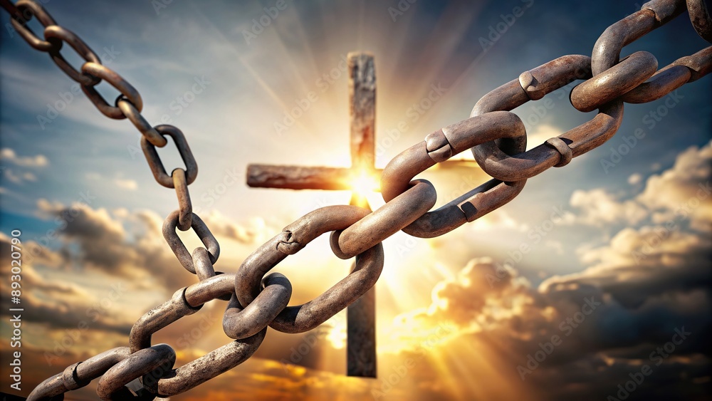 Broken chains and cross seen through forced perspective, perspective, constraint, captivity ...