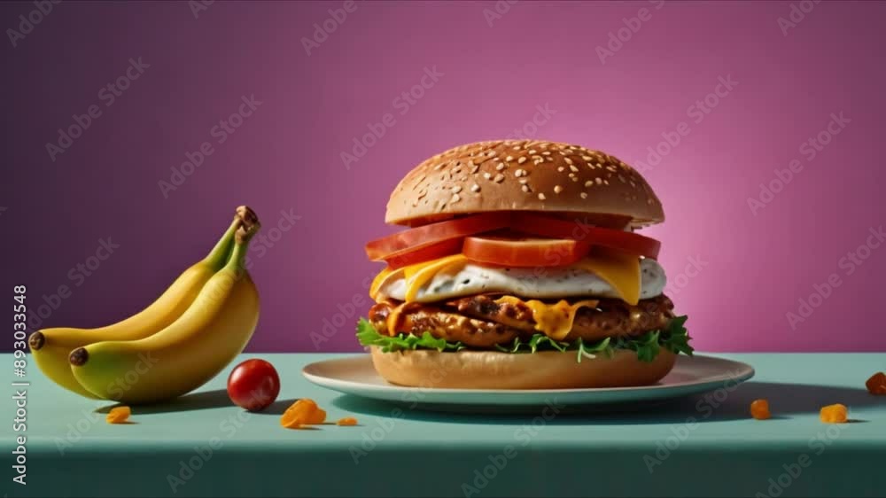 a burger advertisement catches the eye on a simple tabletop. looks ...