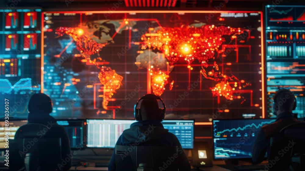 A control room filled with concerned IT professionals, with a giant ...