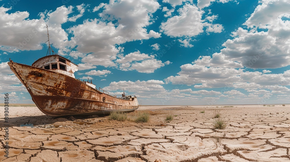 Abandoned ship on dry desert land. Aral Sea landscape. Natural disaster ...