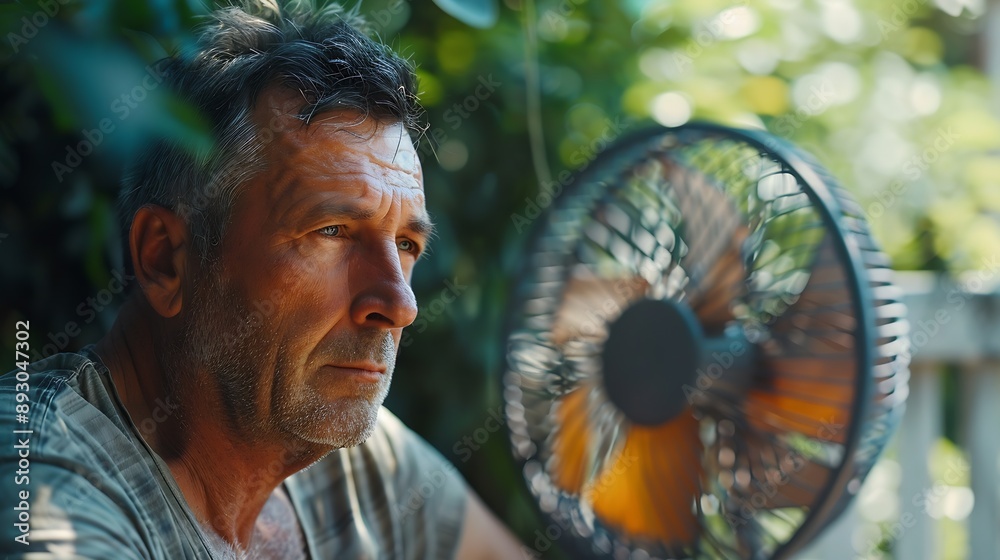 Tired and overheated man suffering from a heat attack uses an electric ...