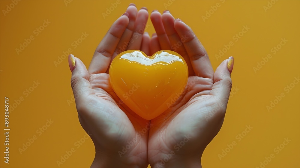 hands holding a yellow resin heart against a matching yellow background ...