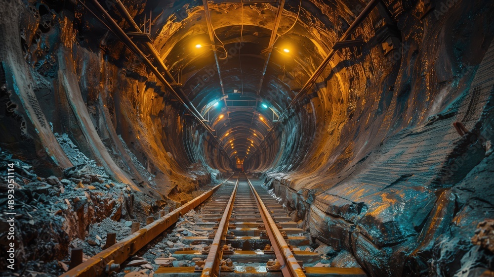 Underground Mining Tunnel with Tracks. Dimly lit underground mining ...