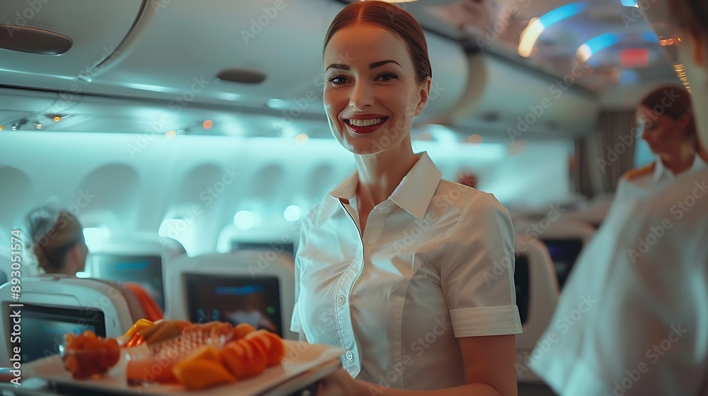Cabin crew pushing service cart and serve to customer on the airplane ...