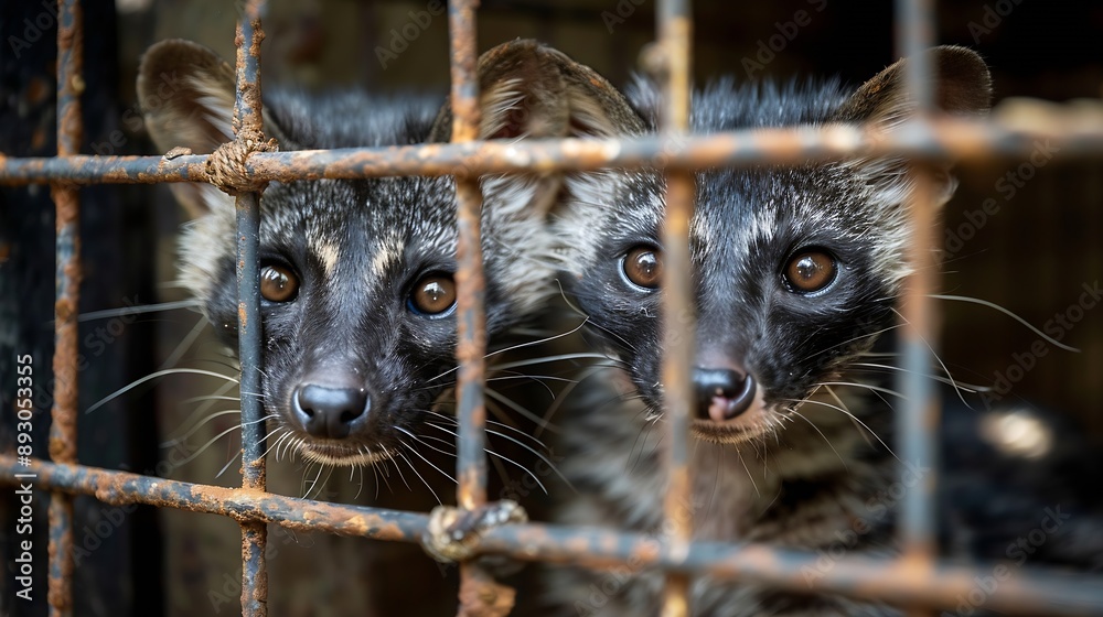 Closeup pandanus civet or weasel in cage Civet cat animal in captivity ...