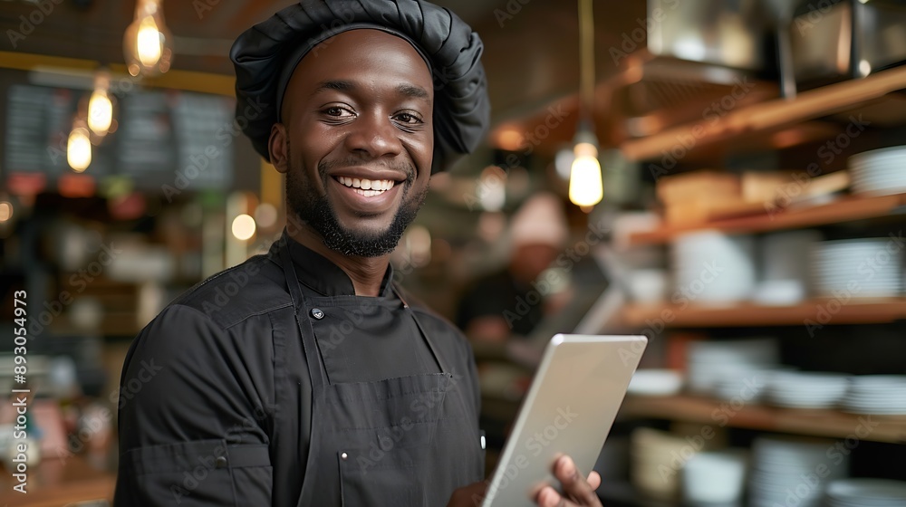 Smiling small business owner dressed in a black chef uniform with an ...