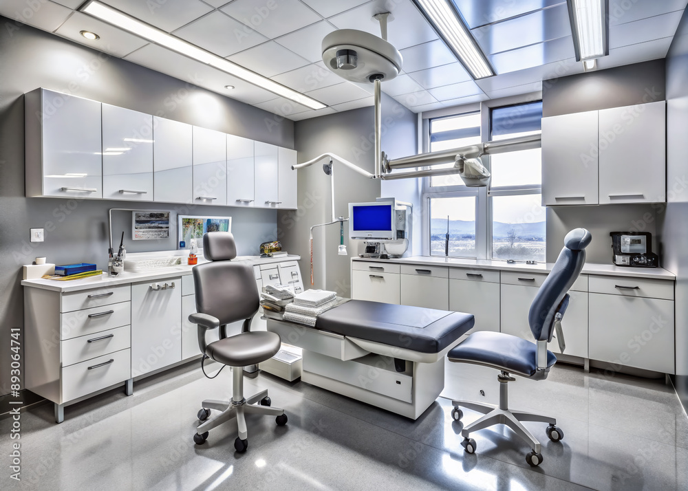 Sleek hospital room with dental chair, medical monitors, and equipment ...