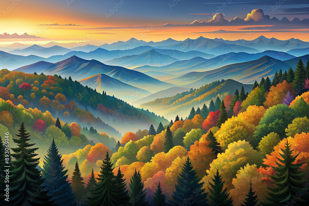 Vibrant vector illustration of Great Smoky Mountains National Park in ...