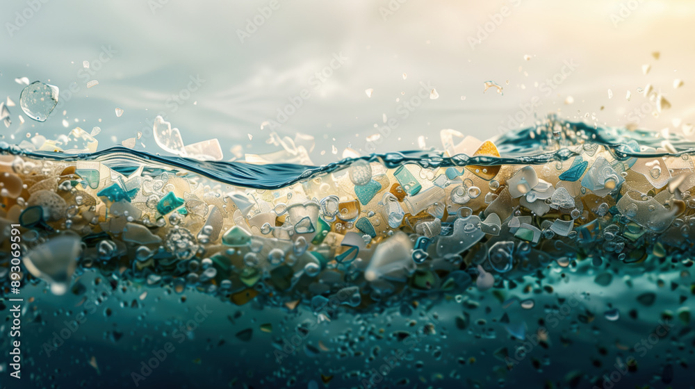 Microplastics Floating in Ocean Water. Close-up of microplastics less ...