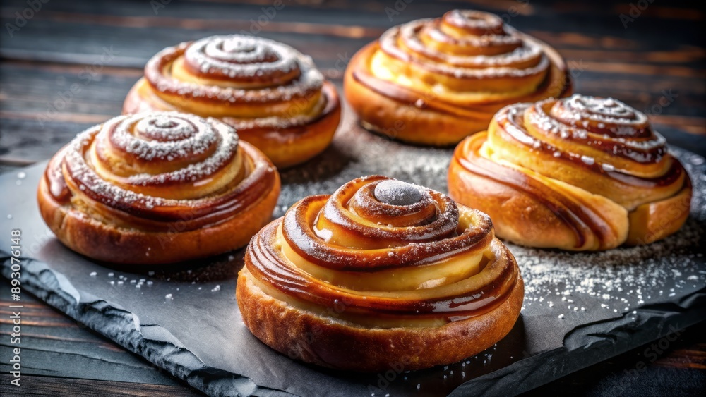 Richly glazed sweet pastries overflowing with soft swirls of frosting ...