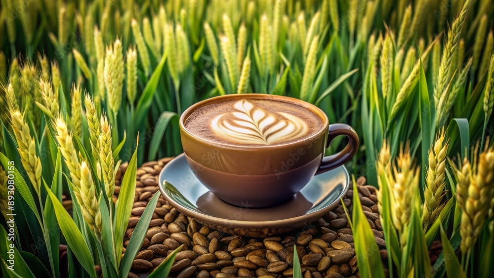 Richly textured oat cappuccino in rustic cup sits amidst lush green oat ...