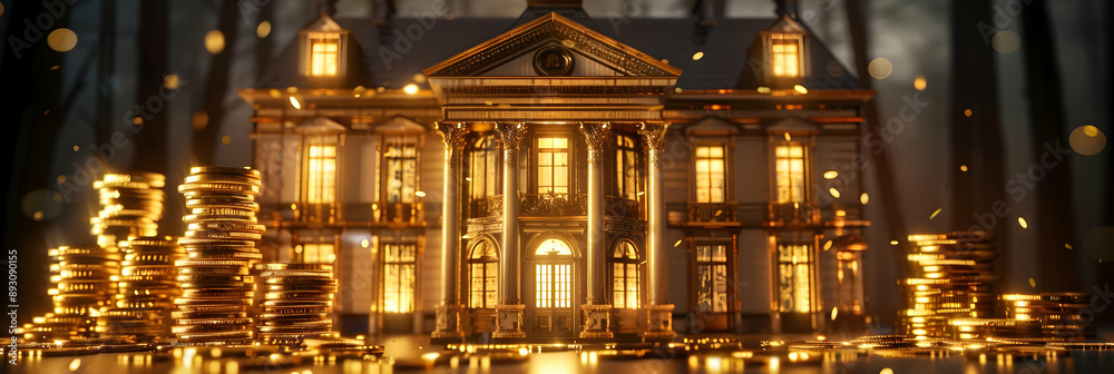 Magnificent mansion illuminated with golden lights, surrounded by ...