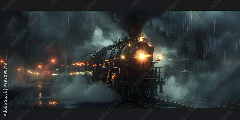 Vintage steam locomotive moves through misty night, illuminated by ...