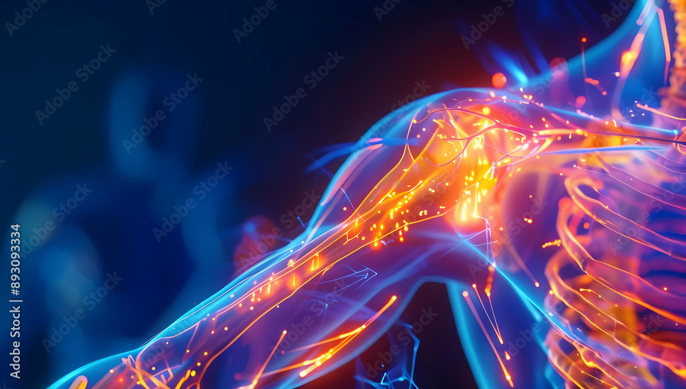 Human shoulder joint with glowing nerves and muscles, showing the ...