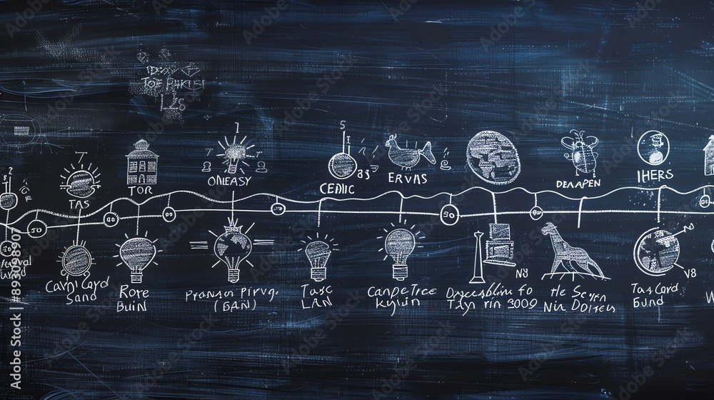 Chalkboard with a timeline of lightbulbs, names, and drawings. Stock ...