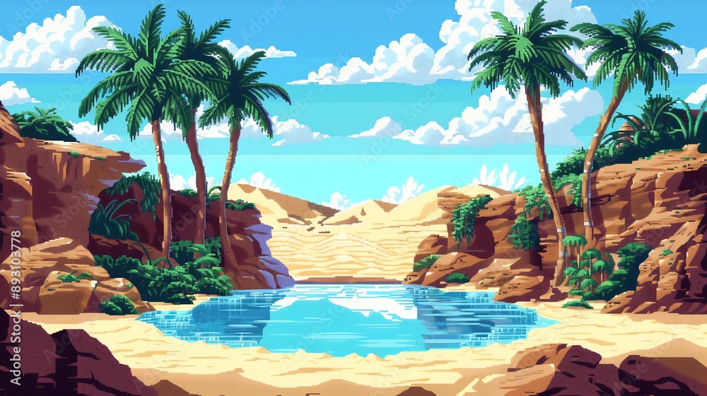 Pixel art style illustration of a tropical oasis with palm trees, a ...