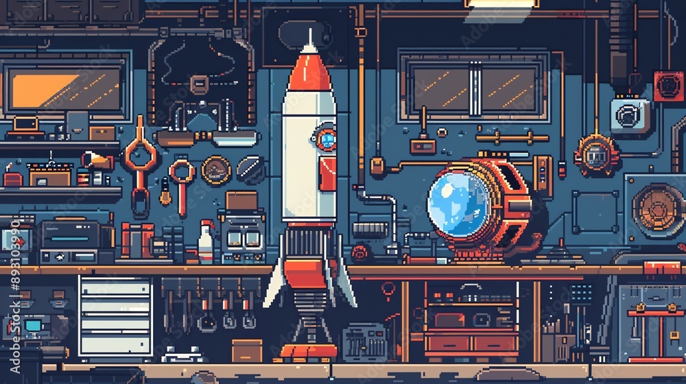 Pixel art depicting a workshop with a rocket, a workbench, and various ...