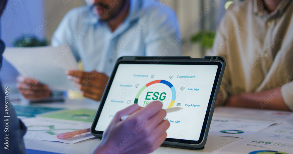 Group diverse Asia businesspeople talk ESG strategies risk management workshop night, SDGs ...