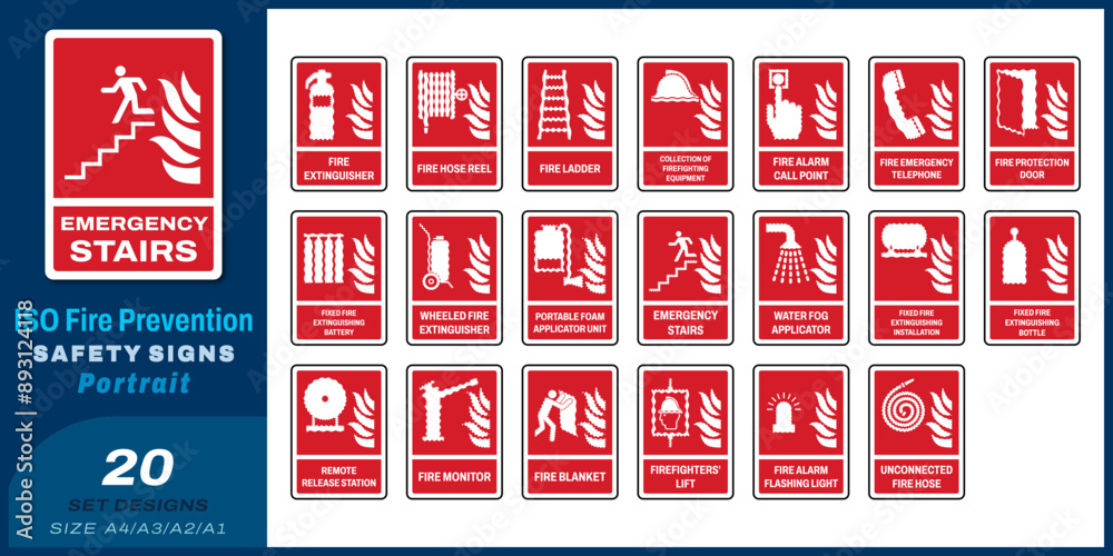20 set ISO fire prevention safety signs v19 size a4/a3/a2/a1 Stock ...