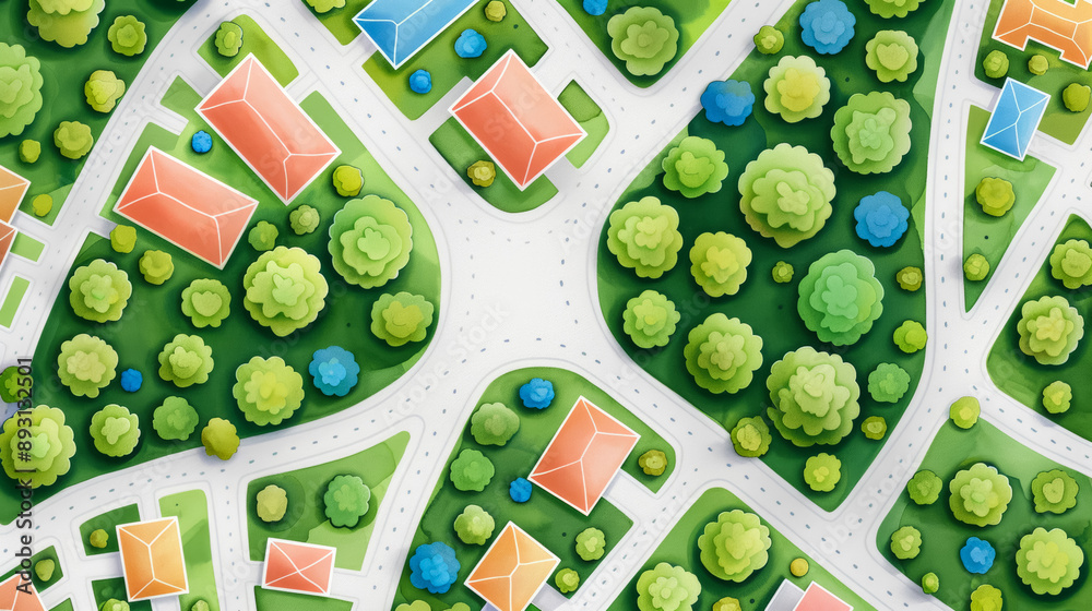 Colourful watercolour city map top view featuring lively parks office ...