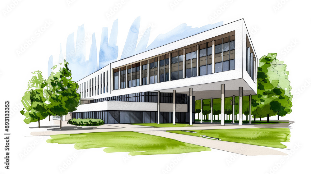 Ink sketch watercolor illustration of a modern university campus ...