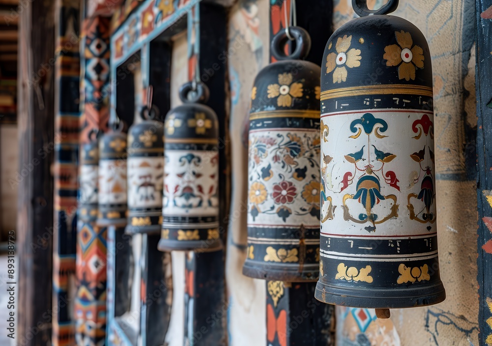 Photo of a Thangka painting style prayer bells hanging on the wall at ...