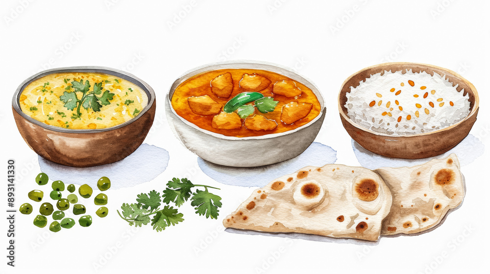 Watercolor sketch of a traditional Indian dinner with curry naan bread ...