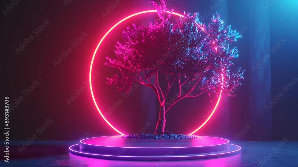neon creative tree branches at night background,Abstract round podium ...