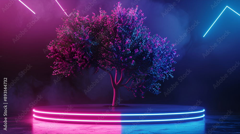 neon creative tree branches at night background,Abstract round podium ...