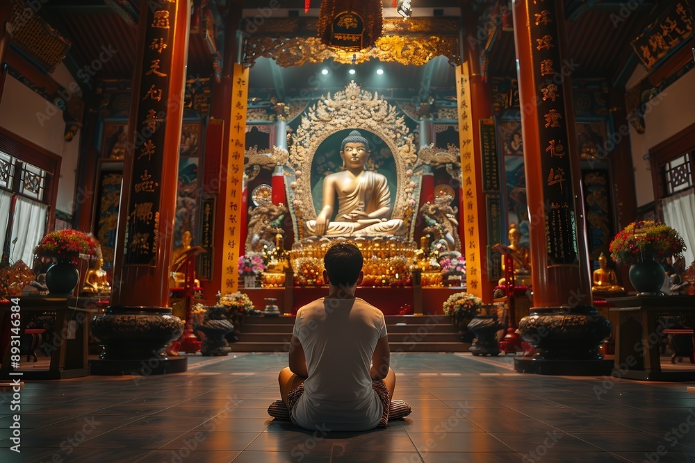 A person kneeling and praying in front of the Buddha statue inside a ...
