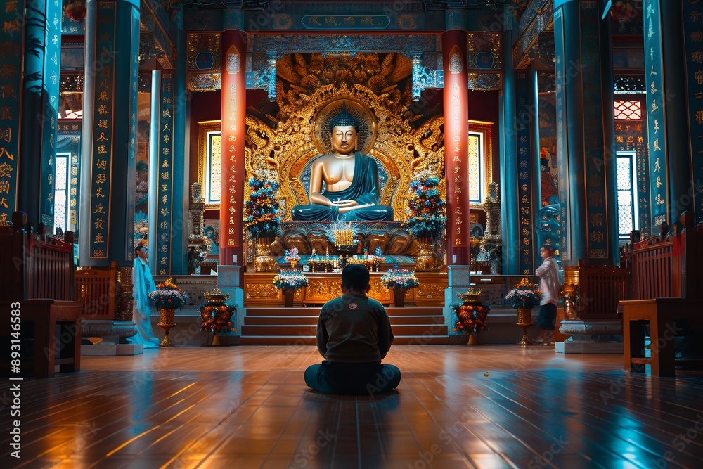 A person kneeling and praying in front of the Buddha statue inside a ...