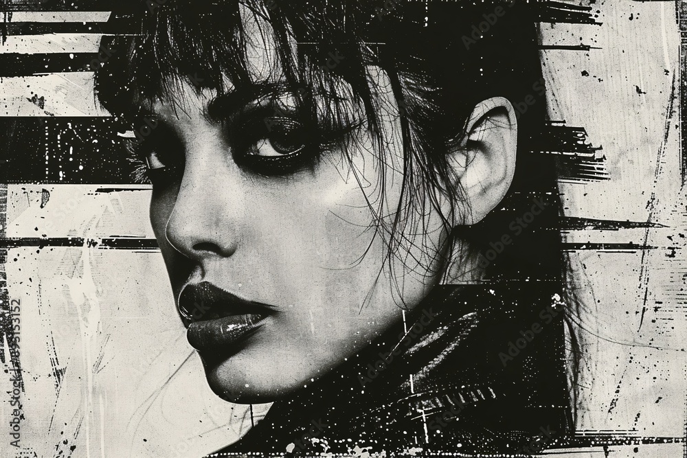 A 90s-inspired woman portrait with a mezzotint photocopy effect for a ...