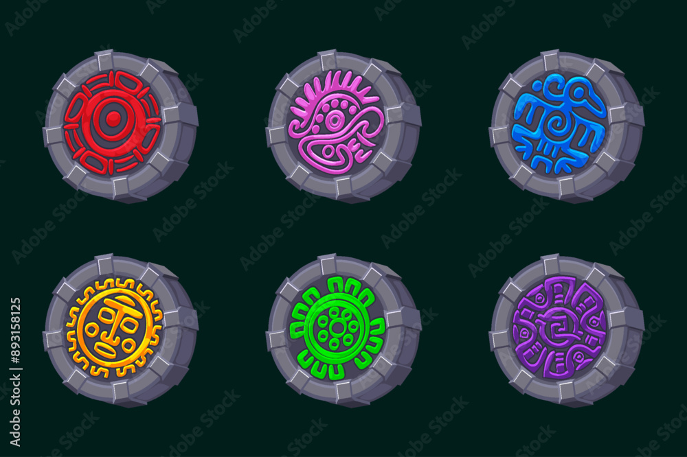 Stone coins or amulets with colored symbols of ancient Aztec ...