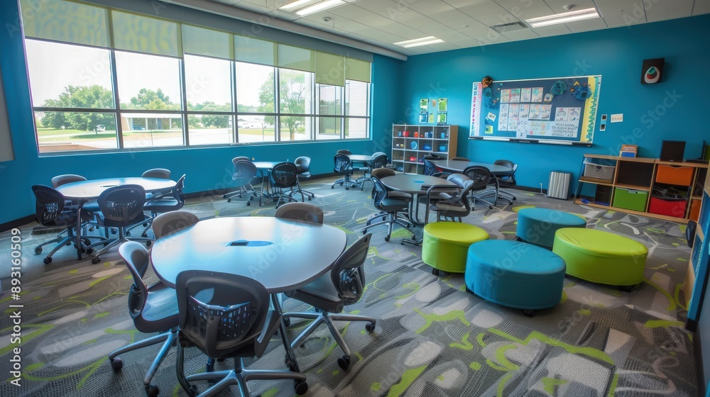 Adaptive classroom featuring flexible seating, interactive boards, and ...