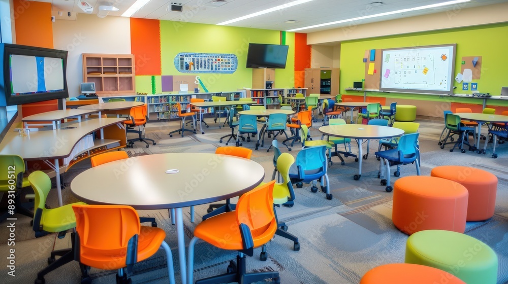 Adaptive classroom featuring flexible seating, interactive boards, and ...