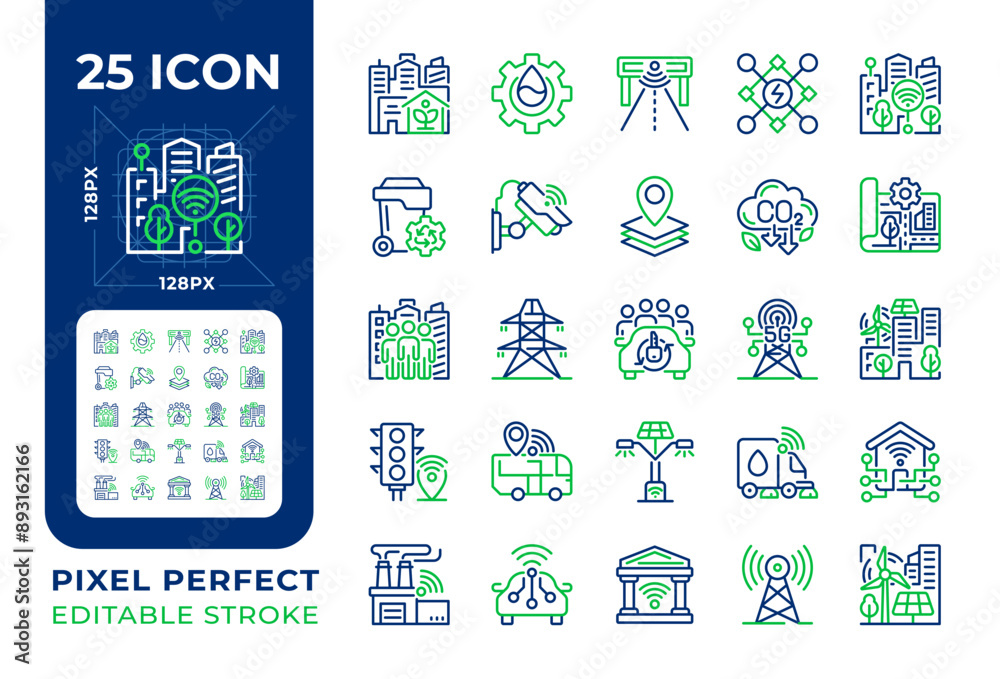 Smart city pixel perfect two color line icons set. Urban life ...